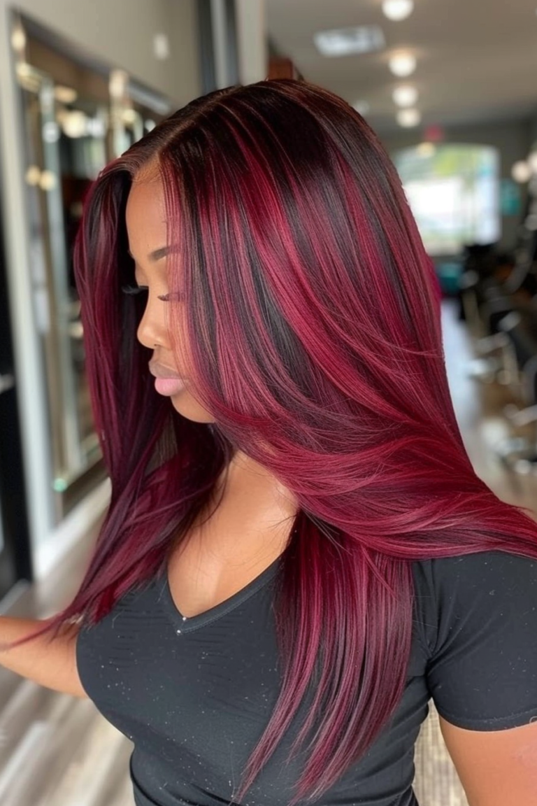 45 Sizzling Hot Red Highlights Ideas for Black Hair - Flo's Blog