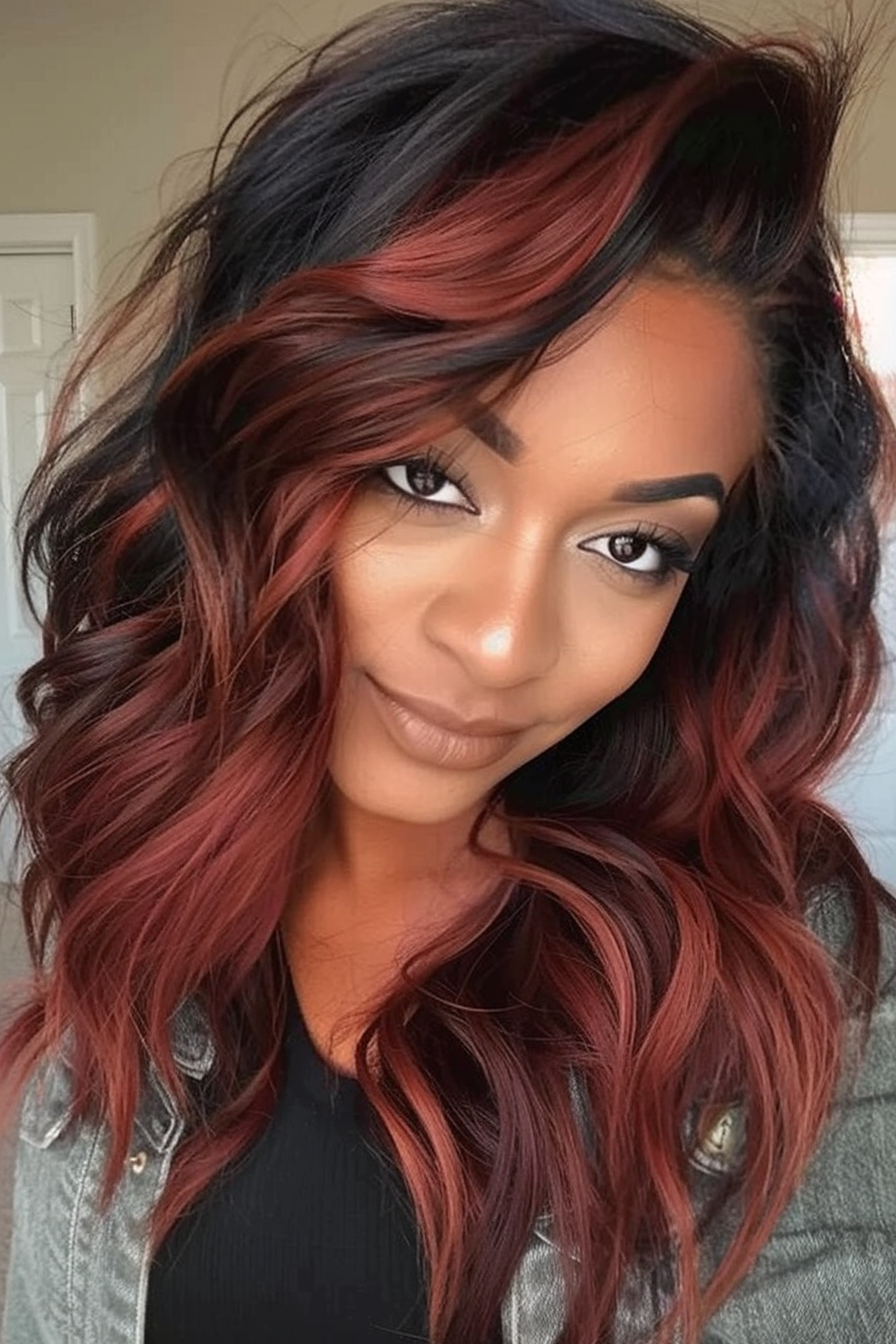 45 Sizzling Hot Red Highlights Ideas for Black Hair - Flo's Blog